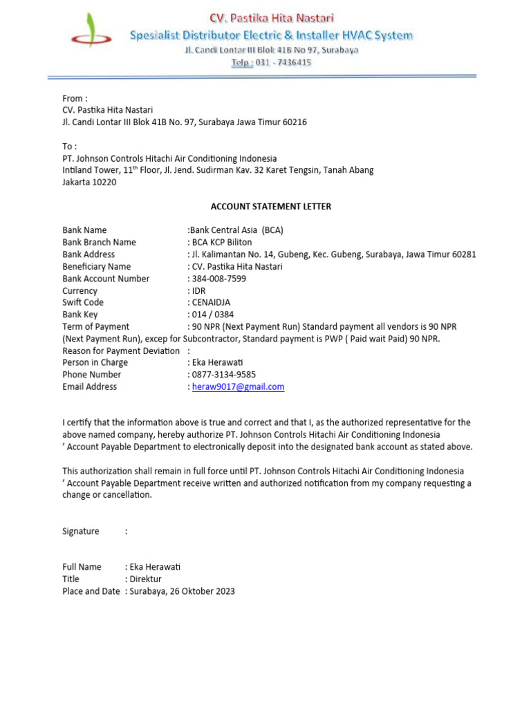 Account Statement Letter Sudah Terisi | PDF