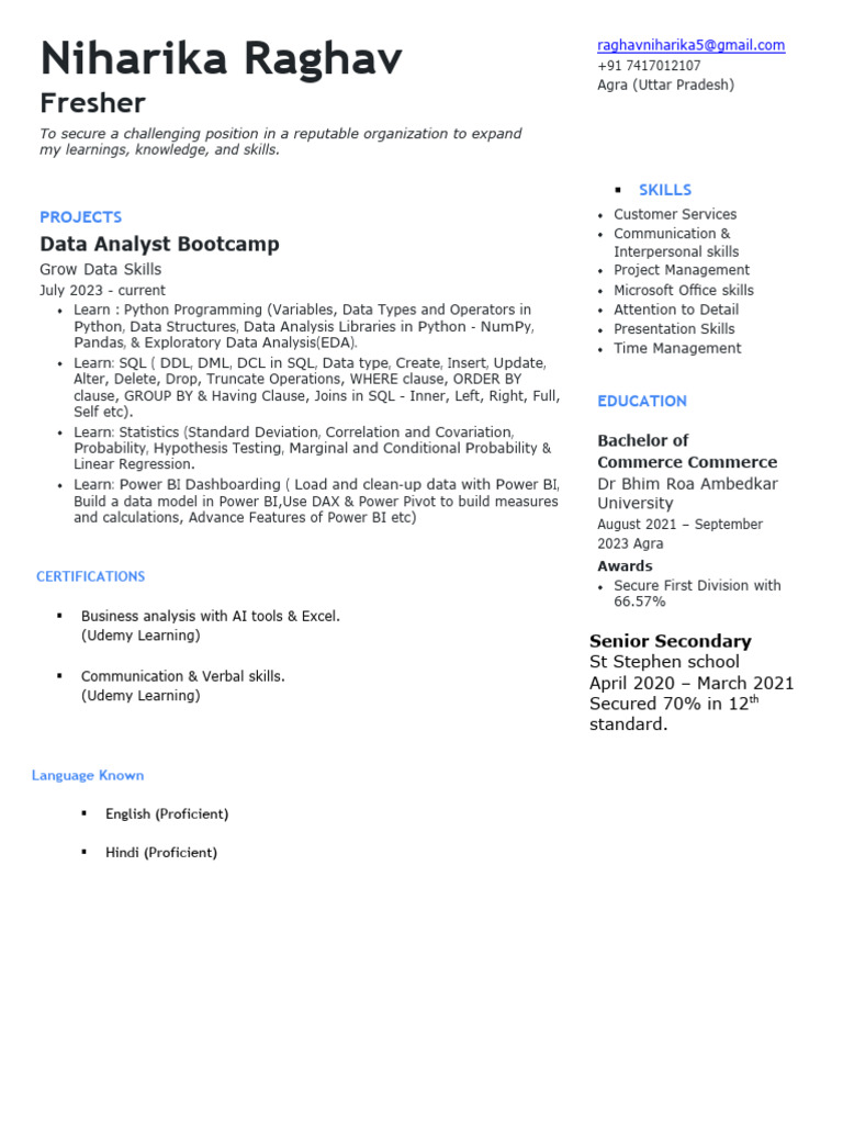 Data Analyst Resume of Niharika Raghav | PDF | Computers