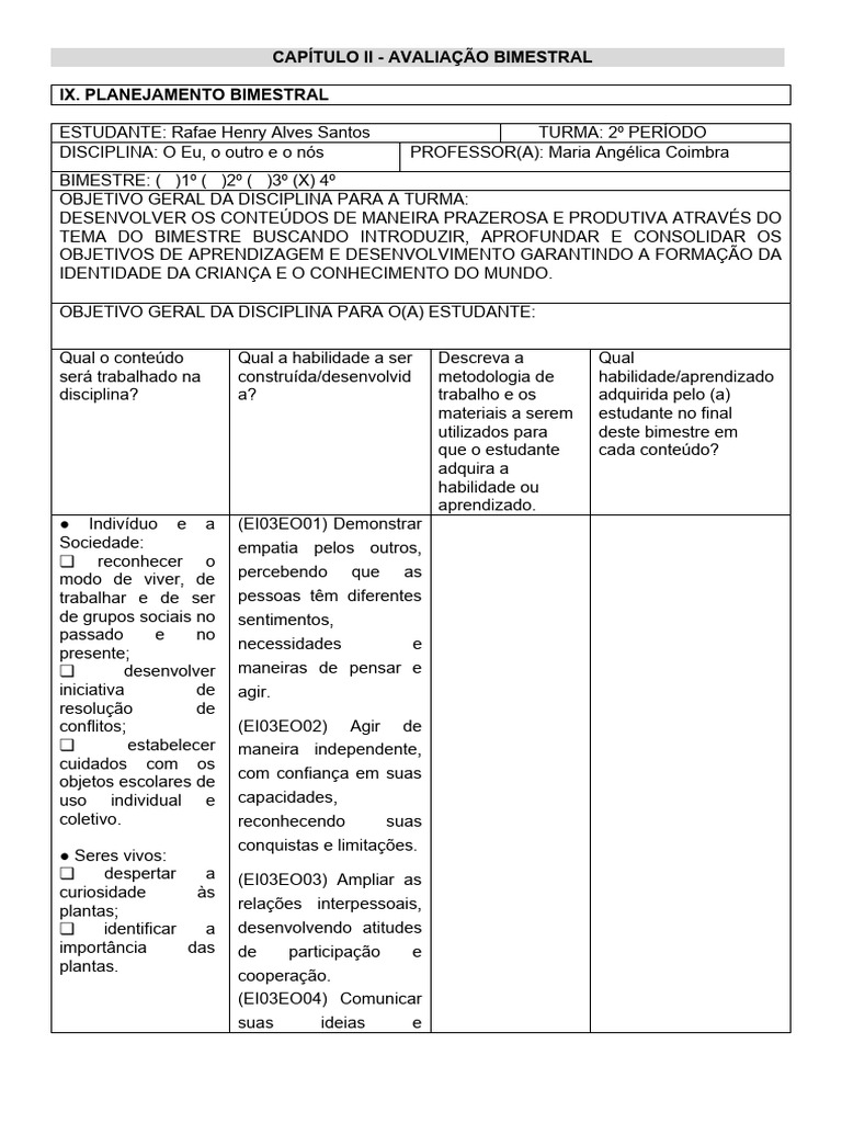 Modelo Pdi - 4º Bimestre - 2º Período | PDF