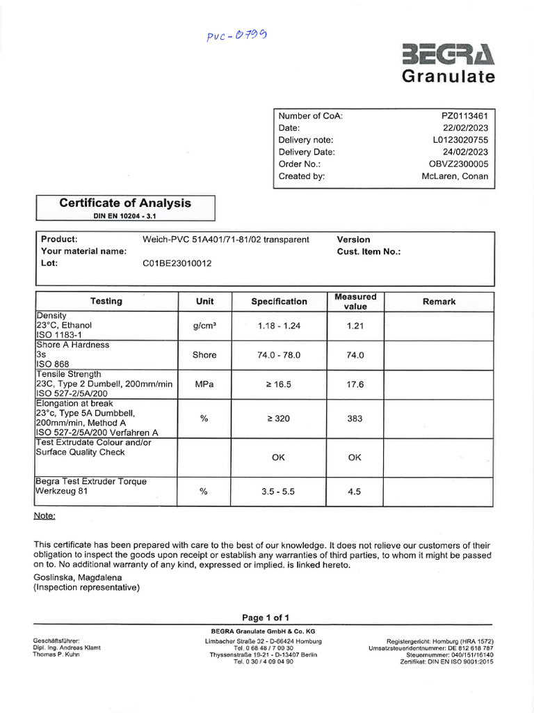 PVC Granulate Certificate of Analysis | PDF | Materials | Physical Sciences