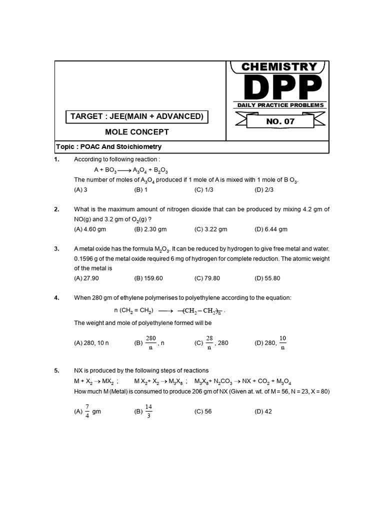 DPP 7 MOle | PDF | Mole (Unit) | Stoichiometry