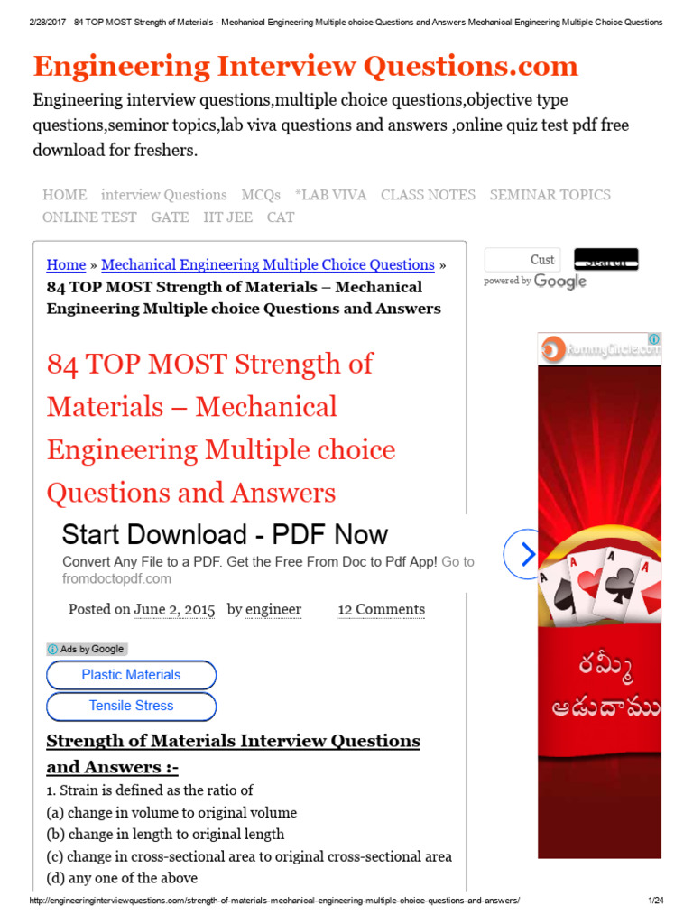 84 TOP MOST Strength of Materials - Mechanical Engineering Multiple ...