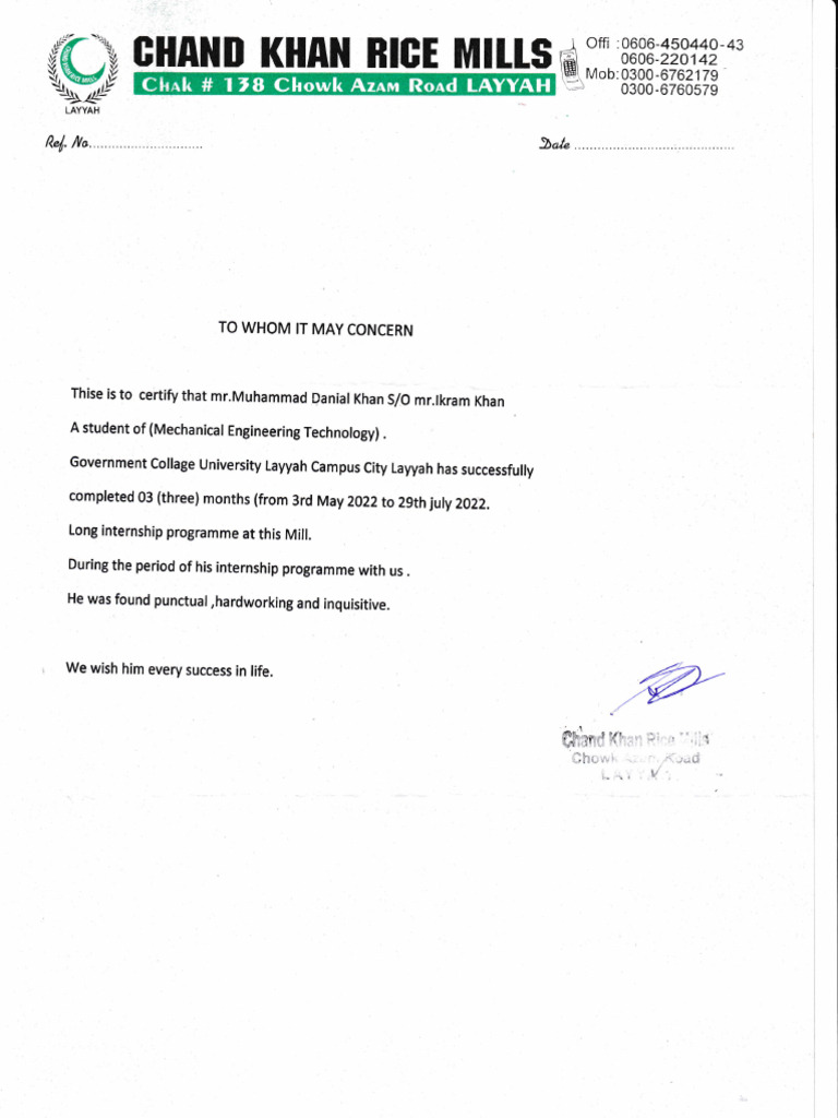 Chand Khan Rice Mill Internship Certificate | PDF