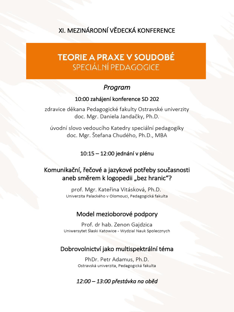Teorie A Praxe V Soudobe Specialni Pedagogice 2023 Program | PDF