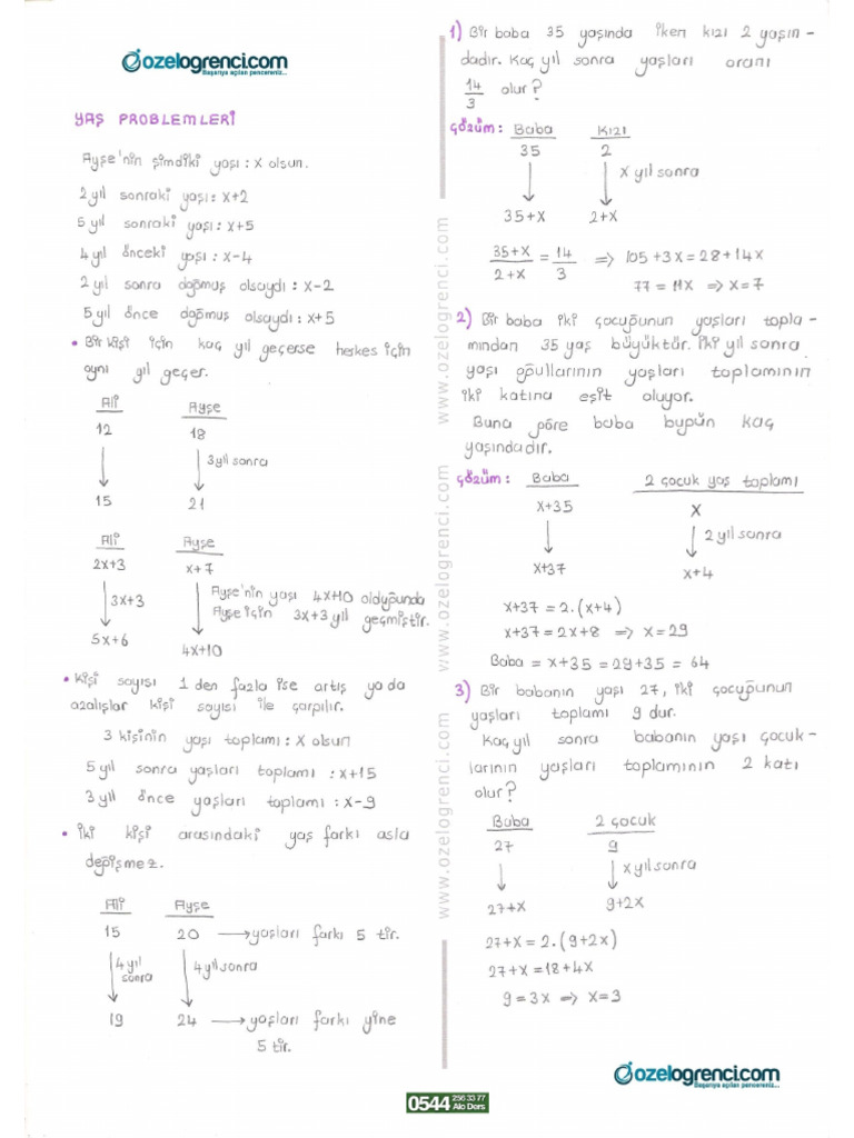 9.sinif Matematik Yas Problemleri Ders Notlari Sorulari Ve Cevaplari | PDF