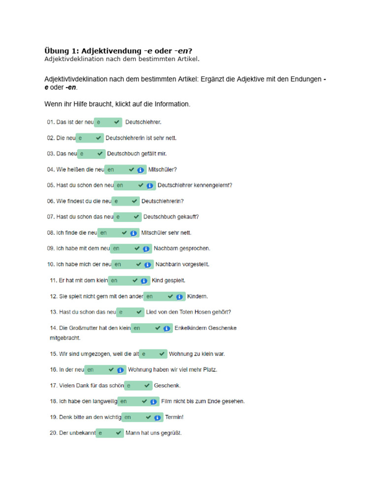 Adjektivtivdeklination Nach Dem Bestimmten Artikel: Ergänzt Die ...
