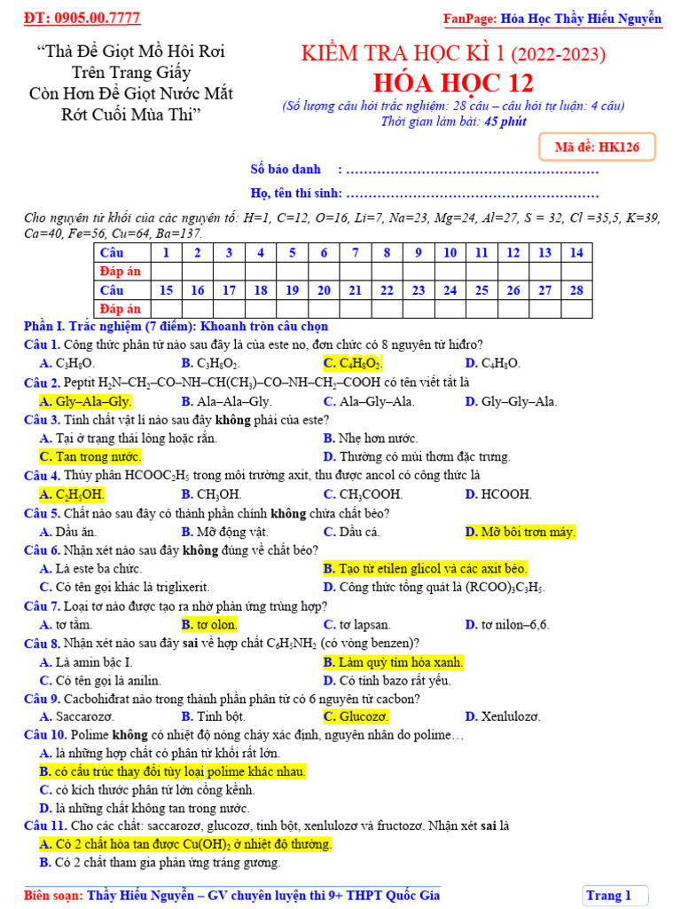 H12.CK1. THPT TRẦN PHÚ 2022 2023 FULL ĐÁP ÁN | PDF