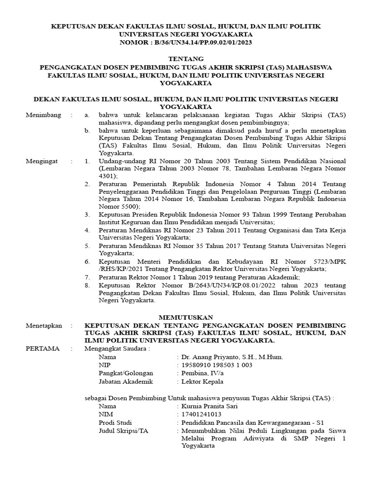 Pengangkatan Dosen Pembimbing TAS UNY | PDF