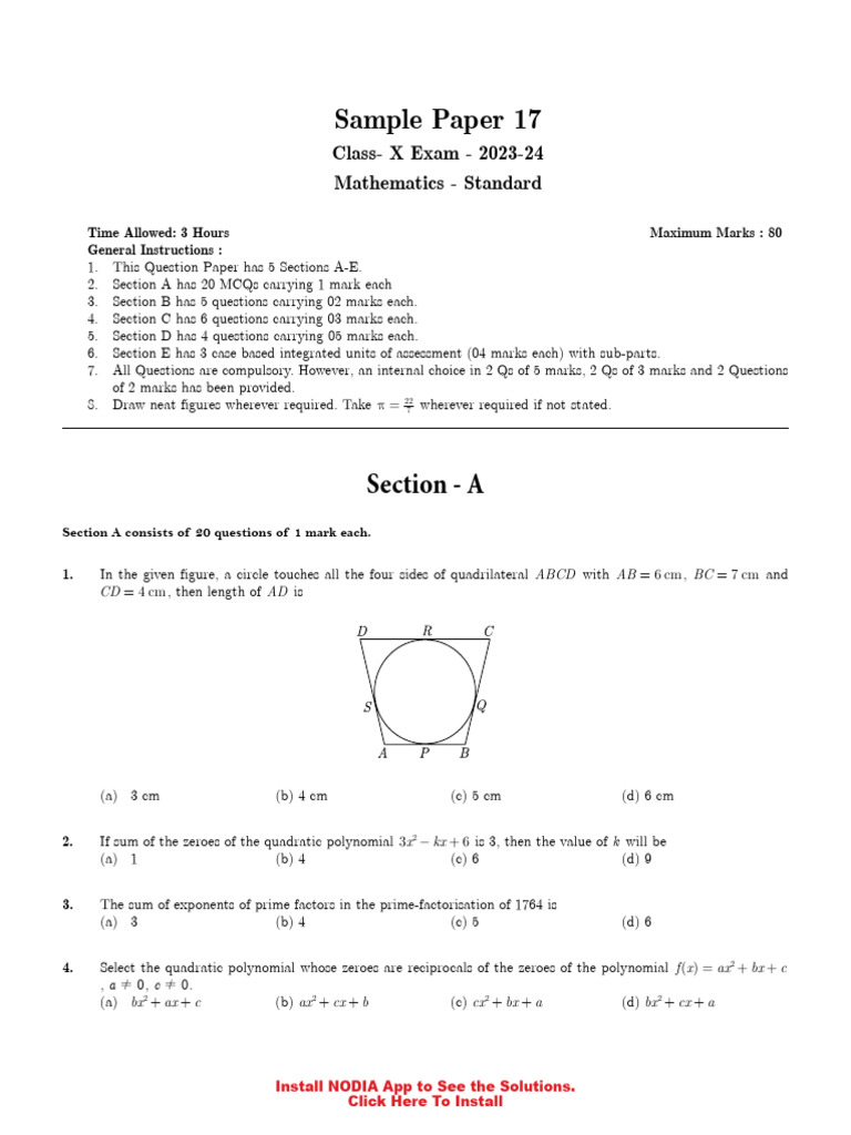CBSE Class 10 Math Sample Paper 17 | PDF | Quadratic Equation | Zero Of ...