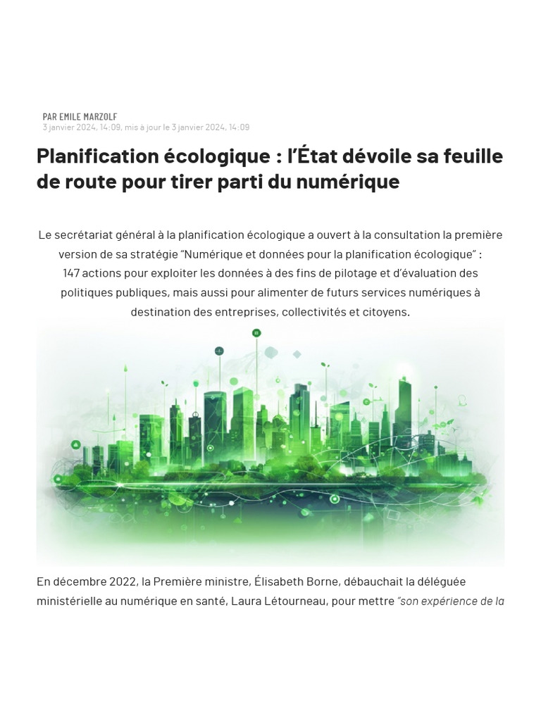 Planification Écologique - L'état Dévoile Sa Feuille de Route Pour Tirer Parti Du Numérique - À ...