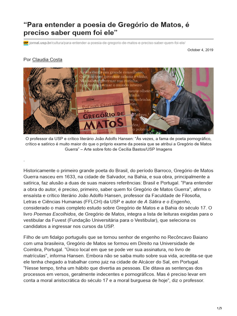 Para Entender A Poesia de Gregório de Matos É Preciso Saber Quem Foi ...