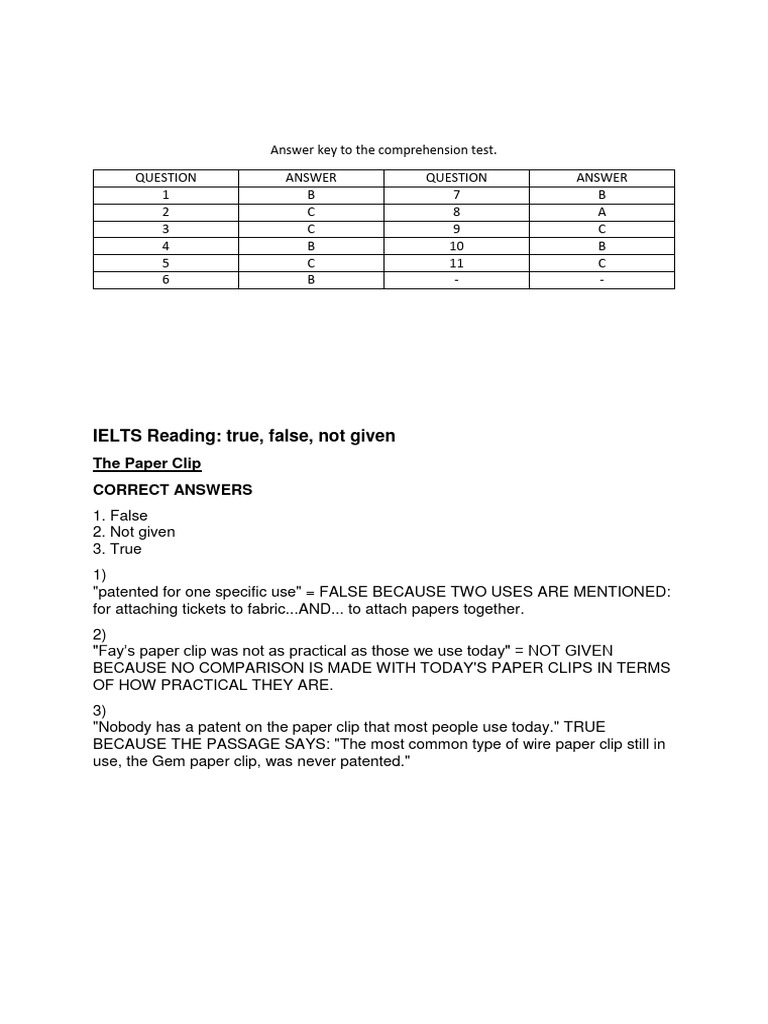 Comprehension Answers, TFNG Key | PDF