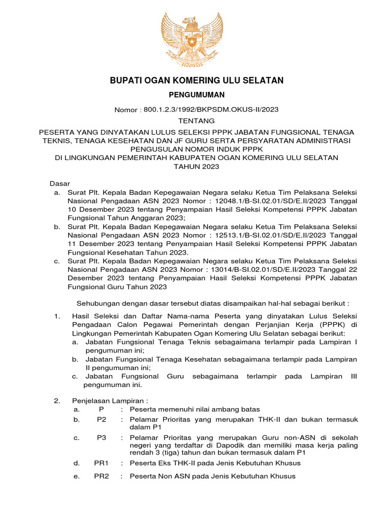 Pengumuman Peserta Yang Dinyatakan Lulus Seleksi PPPK JF Dan Persyaratan Administrasi Pengusulan ...