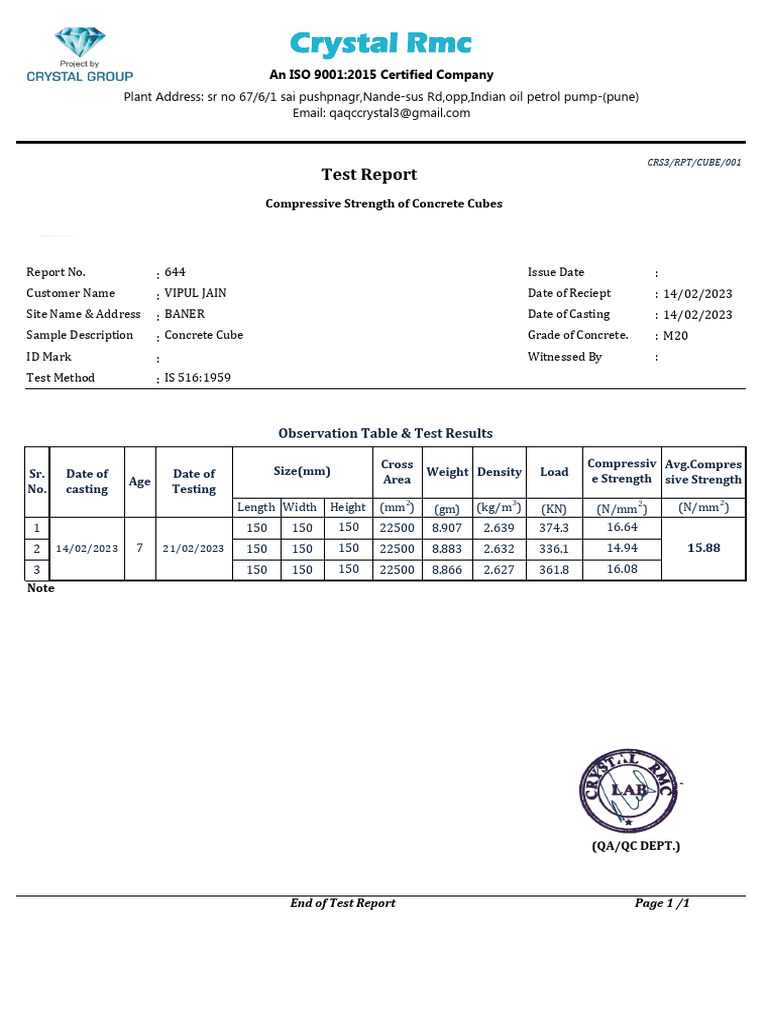 Concrete Cube Strength Report | PDF | Materials Science | Building ...