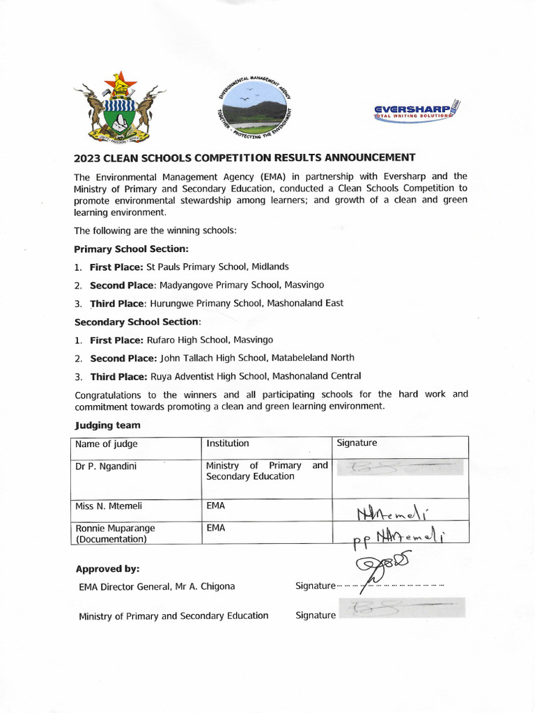 Clean Schools Competition Results Annoucement | PDF