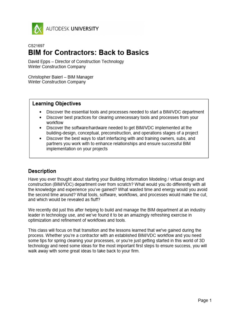 BIMFor Contractors Backto Basics Handout | PDF