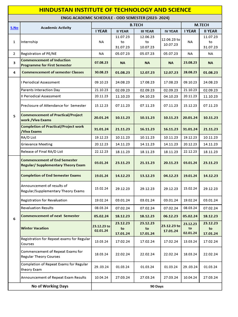 Academic Schedule - Engineering - 2023-2024 | PDF