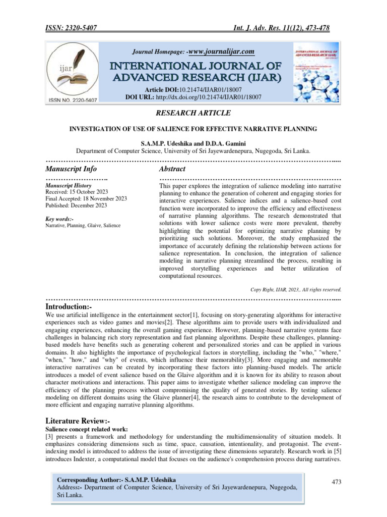 Investigation of Use of Salience For Effective Narrative Planning | PDF | Computers