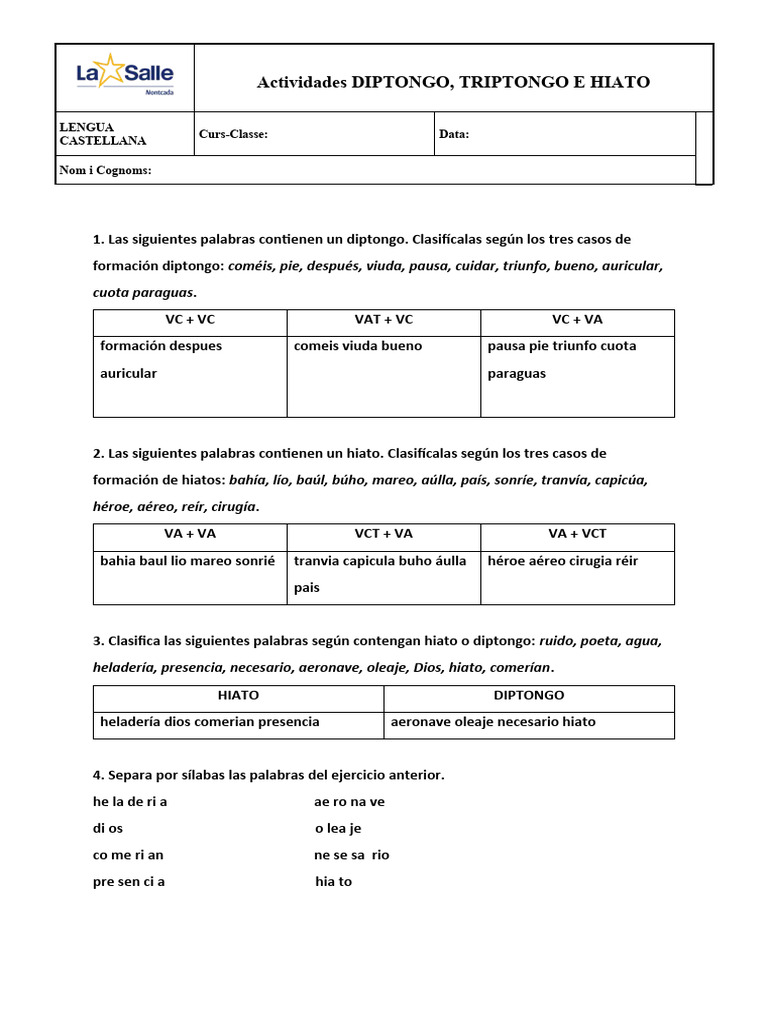 INT 01 - Actividades Diptongo, Hiato y Triptongo | PDF