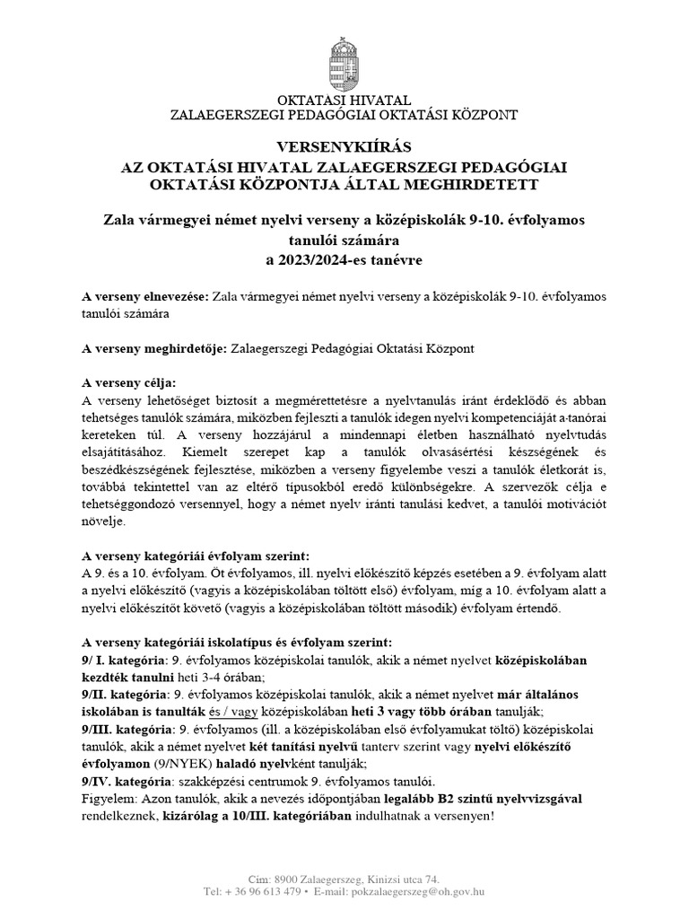 Zala Varmegyei Nemet Nyelvi Verseny A Kozepiskolak 9-10 Evfolyamos Tanuloi Szamara 2023-2024 | PDF