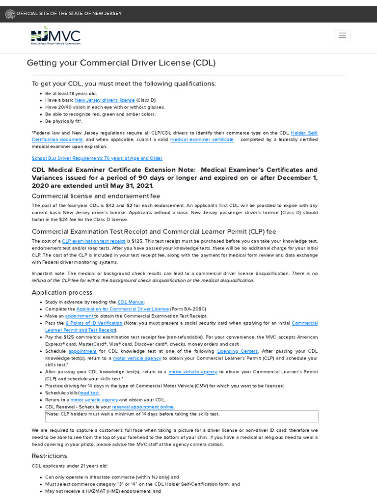 NJ MVC - Getting Your Commercial Driver License (CDL) | PDF
