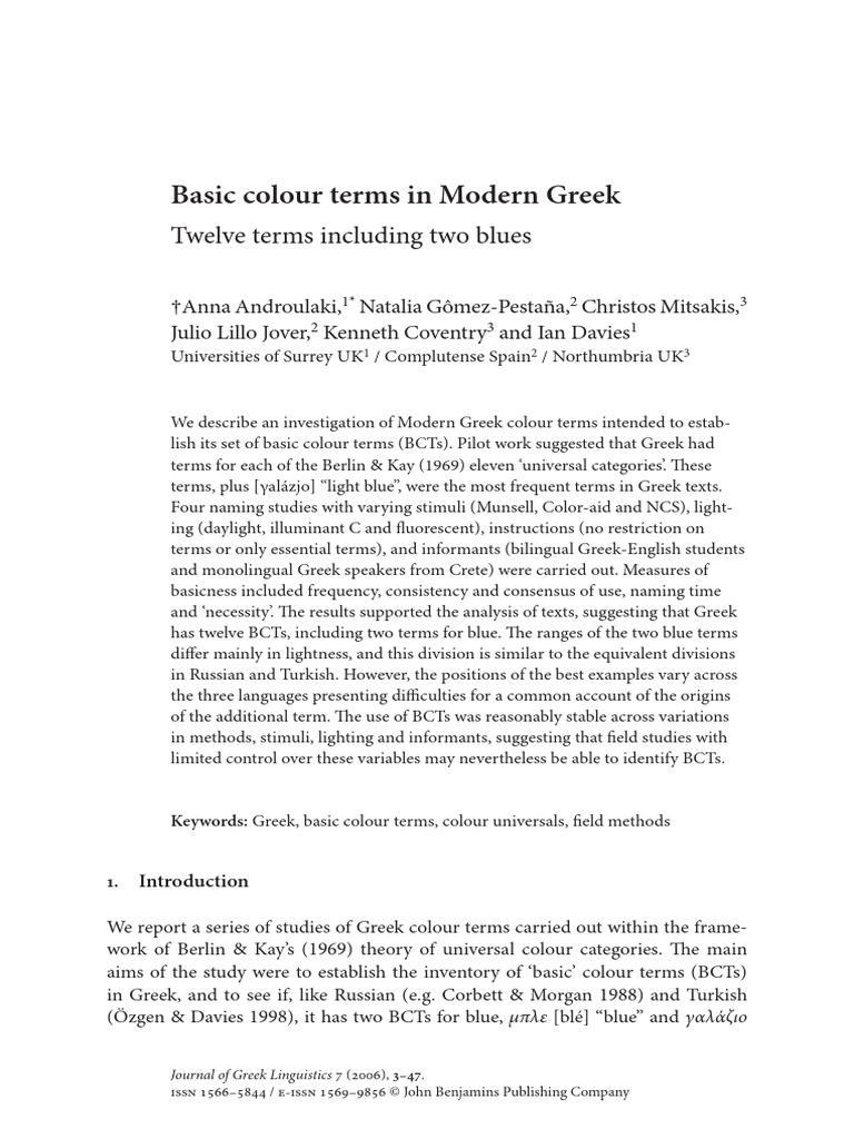 Basic Colour Terms in Modern Greek Twelve Terms in | PDF | Grammatical Gender | Noun