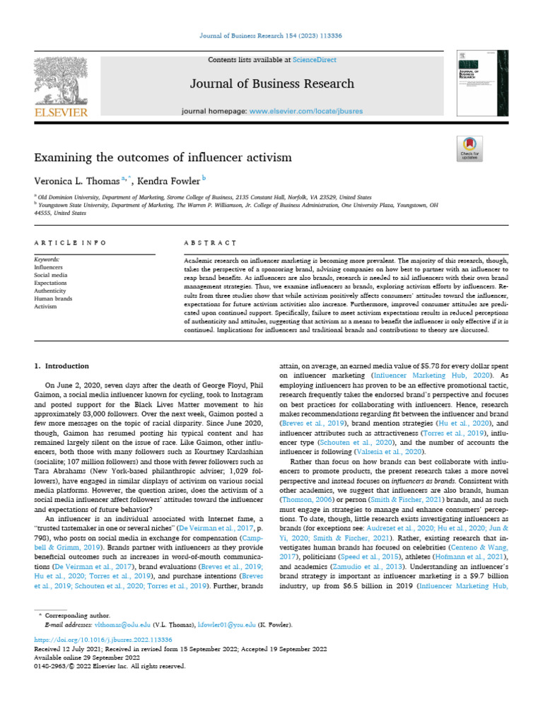 Thomas-2023-JBR-Examining The Outcomes of Influencer Activism | PDF | Activism | Brand