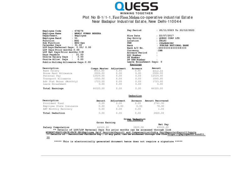 Salary Slip for Manoj Kumar Behera | PDF | Finance & Money Management