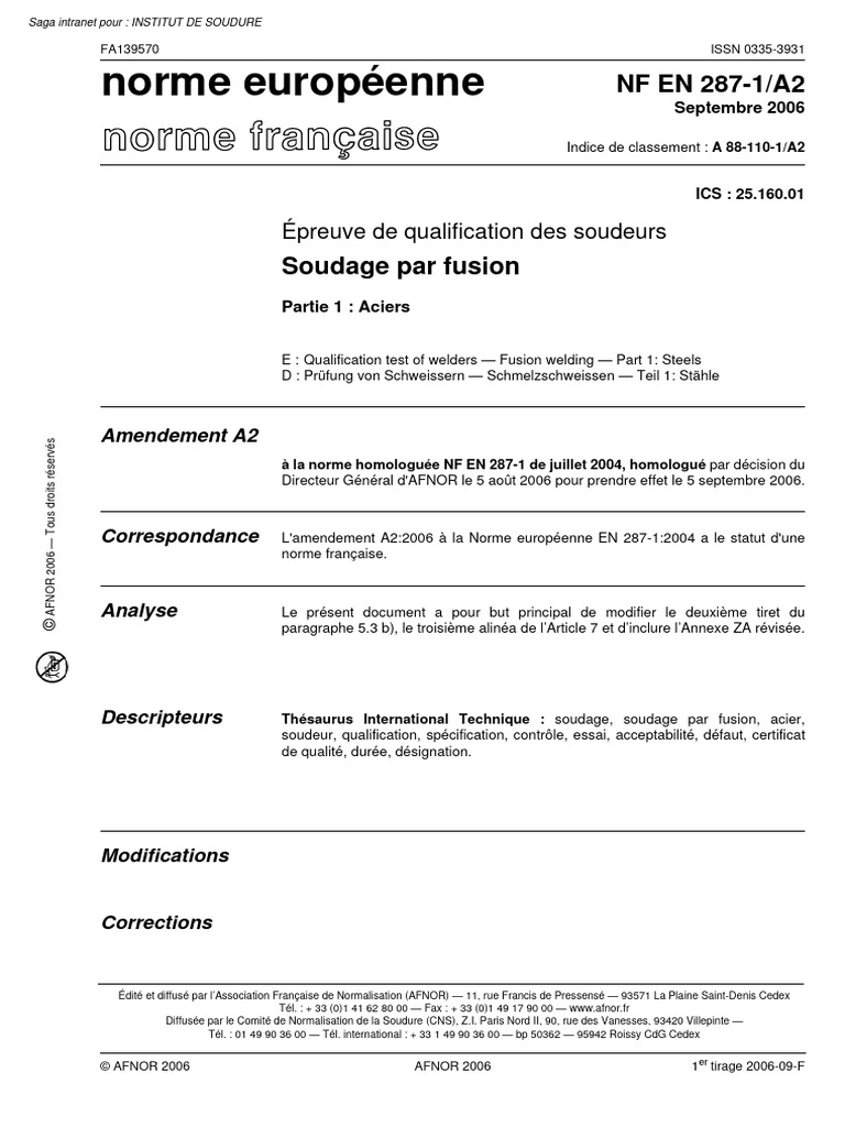 NF en 287-1_A2 - Épreuve de Qualification Des Soudeurs, Soudage Par Fusion, Partie 1 _ Aciers | PDF