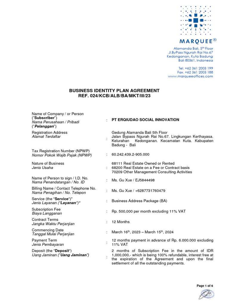 Business Identity Plan Agreement | PDF | Business | Service Industries