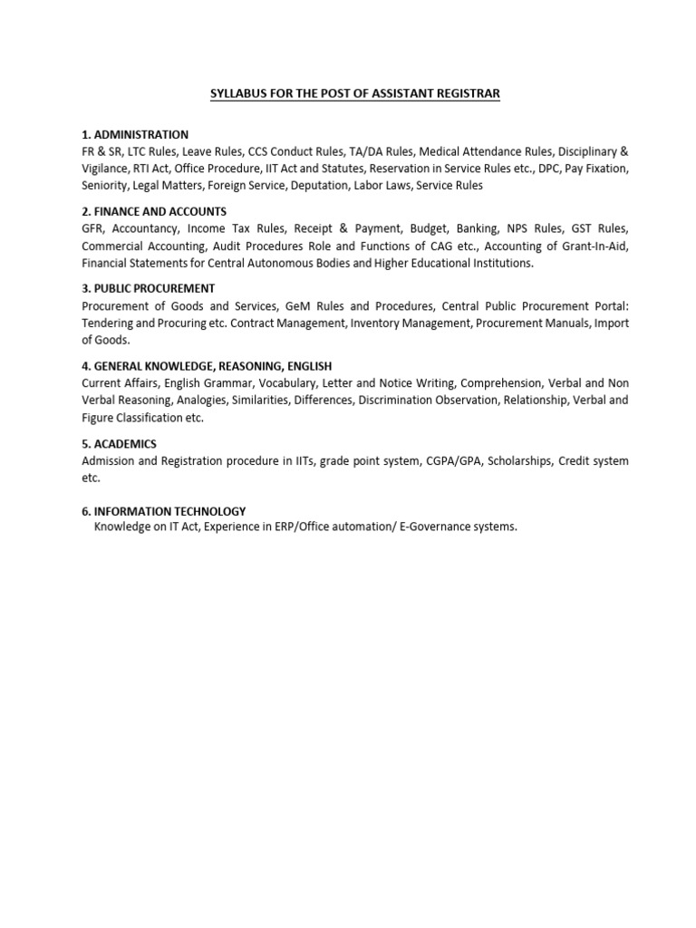 Assistant Registrar Exam Syllabus | PDF | Finance & Money Management