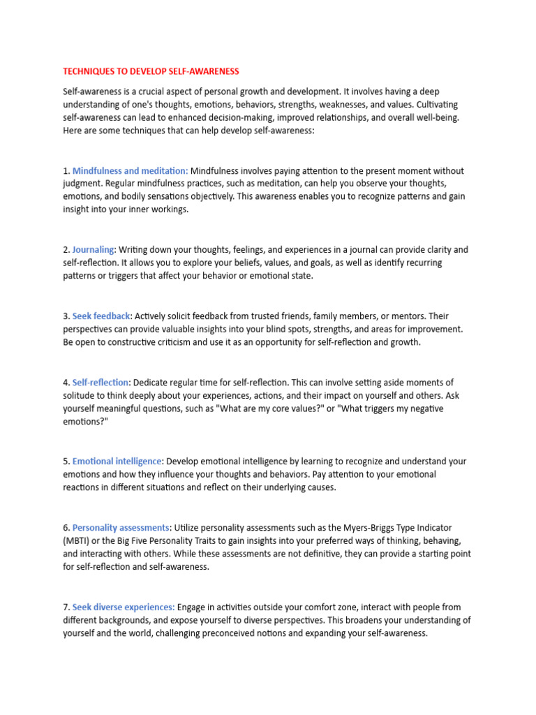 Techniques To Develop Self-Awareness: Mindfulness and Meditation | PDF ...