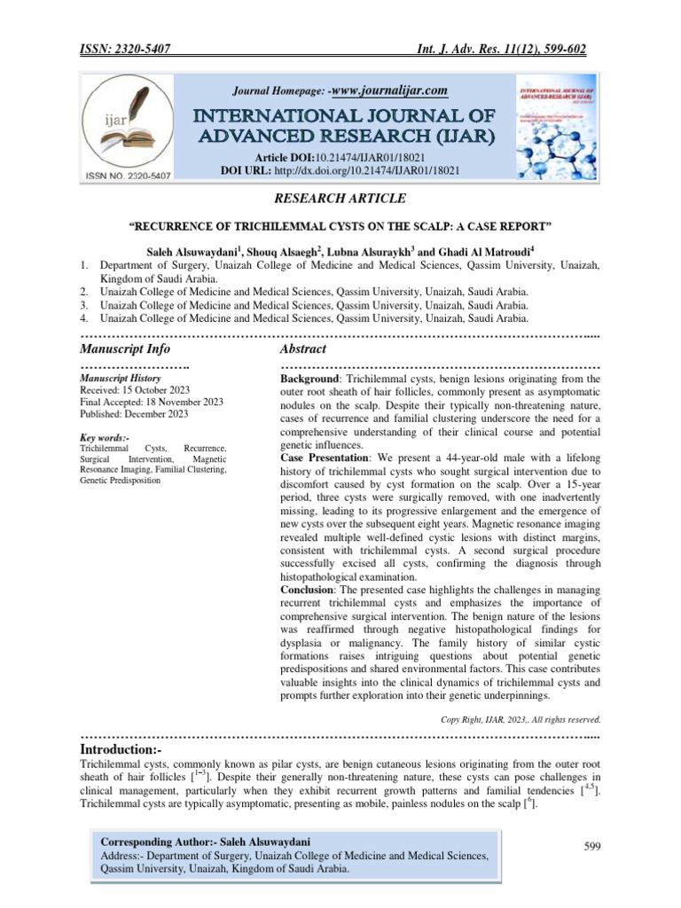 Recurrence of Trichilemmal Cysts On The Scalp: A Case Report | PDF