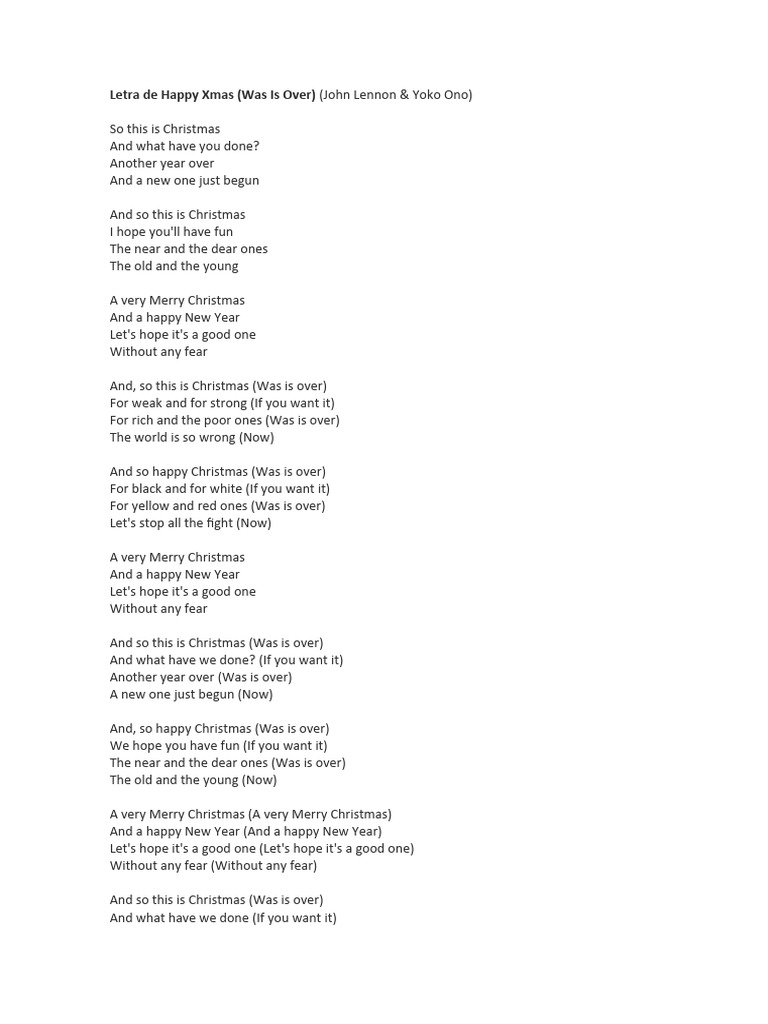 Letra de Happy Xmas (Was Is Over), by John Lennon & Yoko Ono | PDF ...