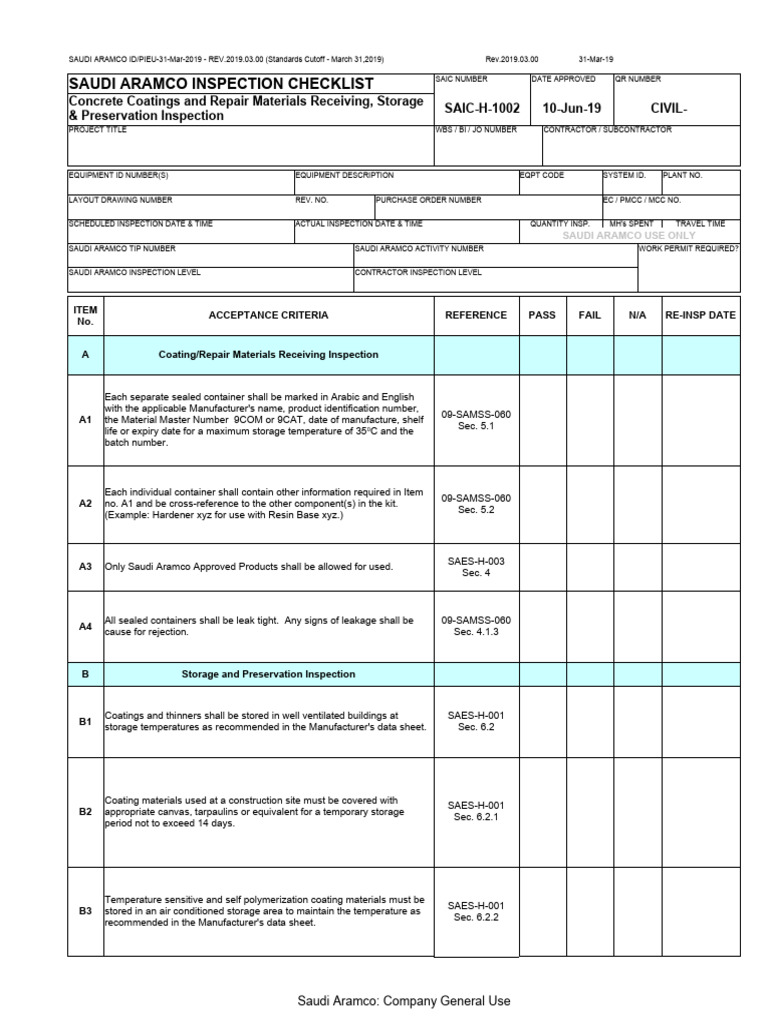 SAIC-H-1002 - Coatings and Repair Materials Receiving, Inspection | PDF