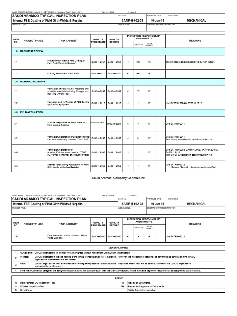 FBE Coating Inspection Plan for Welds | PDF | Secondary Sector Of The ...