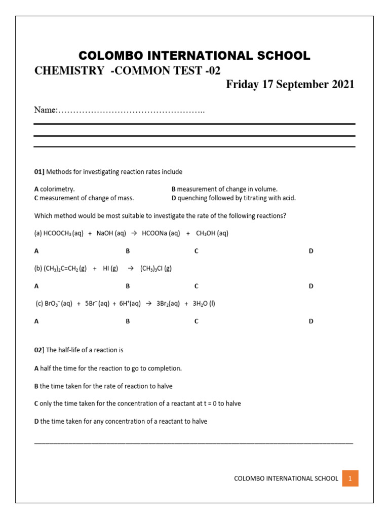 Common Test - Kinetics | PDF