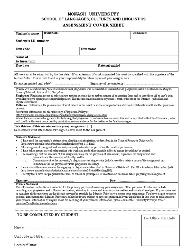 Monash University Assessment Cover Sheet | PDF | Plagiarism | Justice