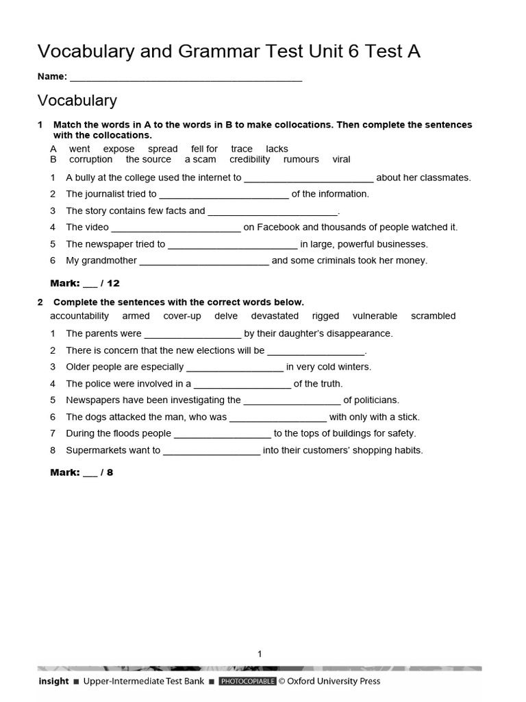 Vocabulary Grammar Test Unit 6 Test A 4 | PDF