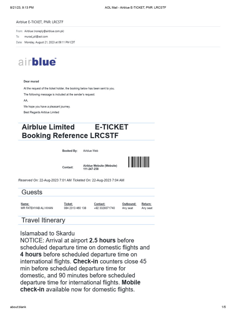 AOL Mail - Airblue E-TICKET, PNR - LRCSTF | PDF