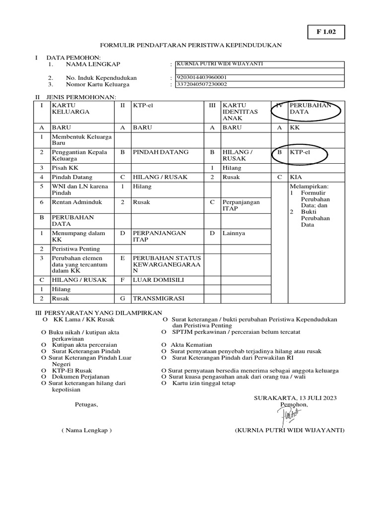 2956-f-1 02 Formulir Pendaftaran Peristiwa Kependudukan | PDF