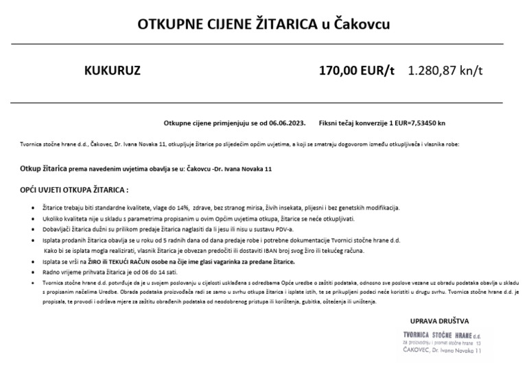 Otkupne Cijene Zitarica CAKOVEC 2023 06 06 | PDF