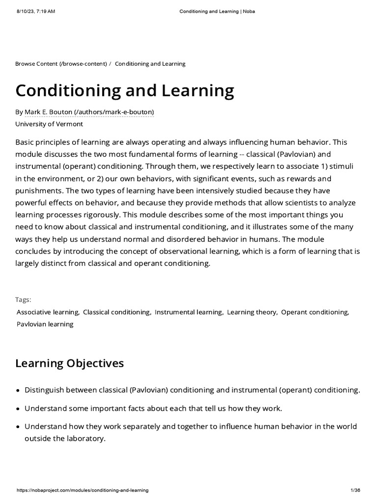 Conditioning and Learning - Noba | PDF | Classical Conditioning | Reinforcement