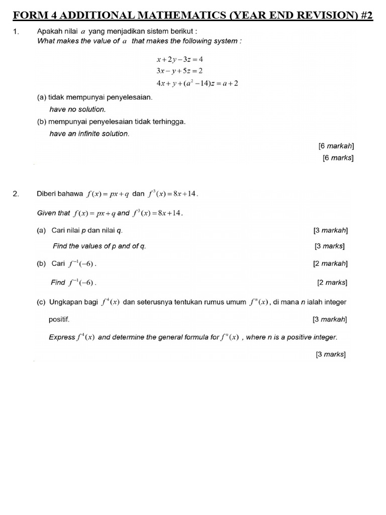 Form 4 Additional Mathematics (Year End Revision) Set 2 | PDF ...