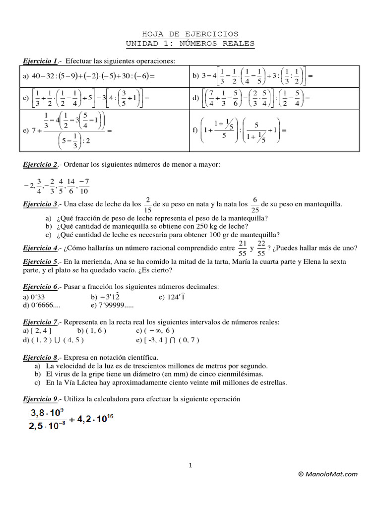 Hoja 1 Ejercicios Unidad 1 Numeros Reales-2 | PDF