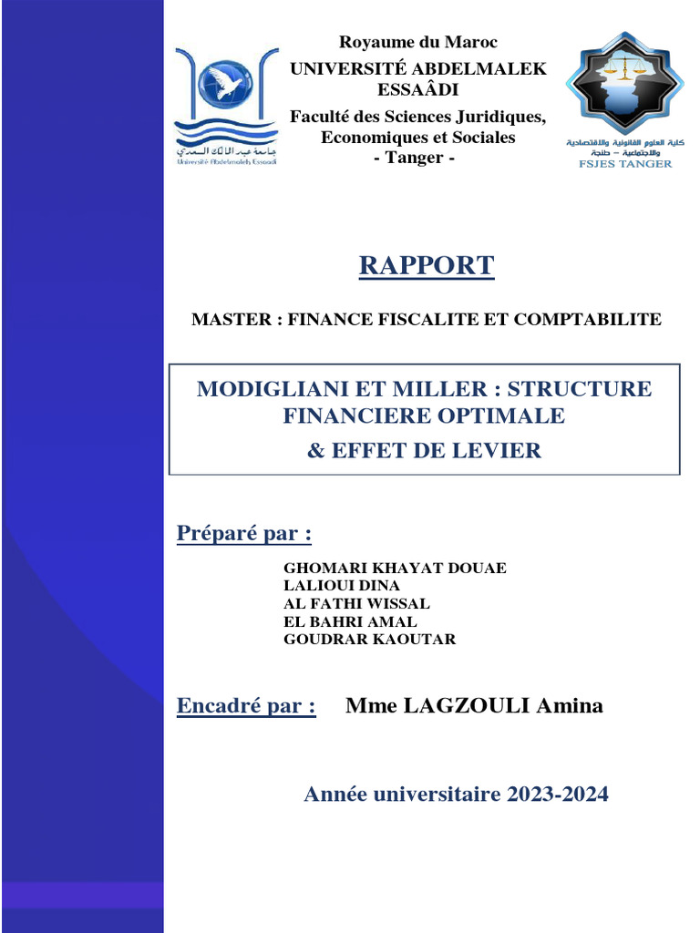 Rapport MODIGLIANI Et MILLER Structure Financière Optimale & Effet de ...