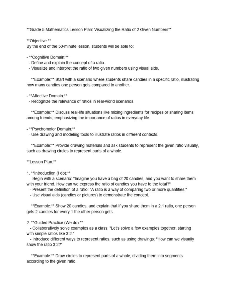 Grade 5 Mathematics Lesson Plan - Visualizing The Ratio of 2 Given ...