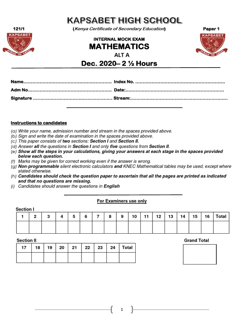 2021 Kapsabet Math p1 Teacher - Co .Ke | PDF