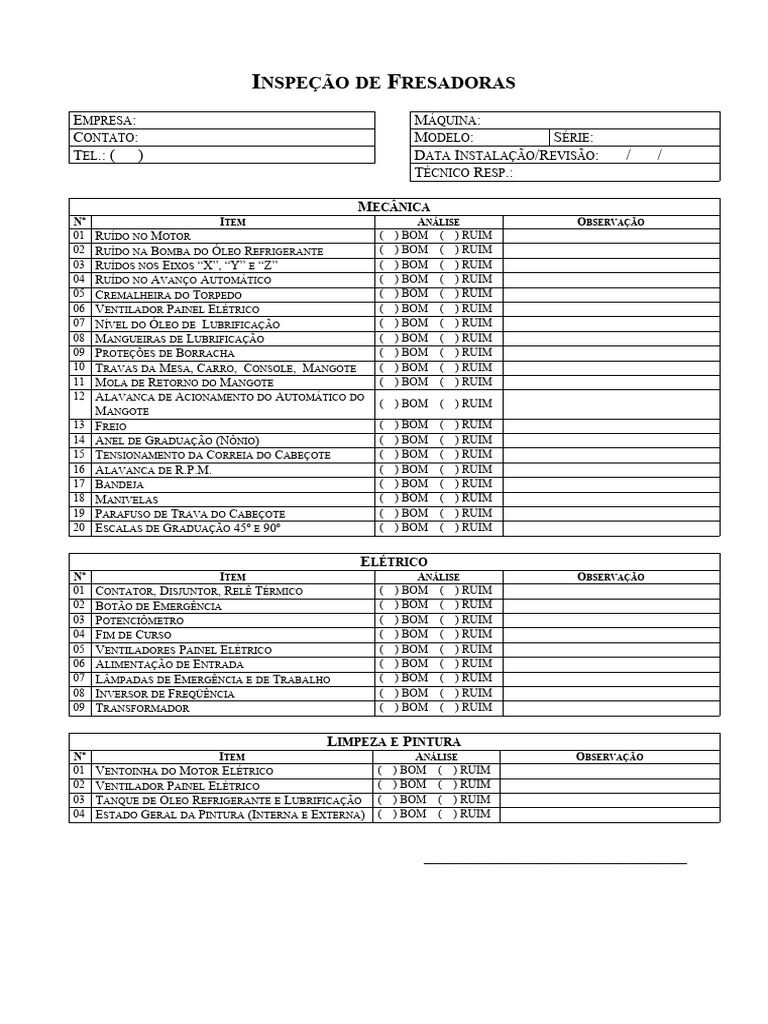 Inspecao de Fresadoras Check List | PDF