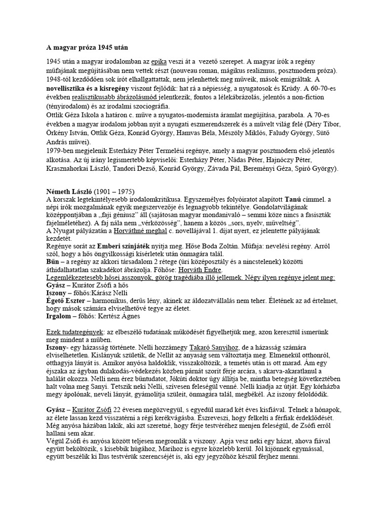 A Magyar Próza 1945 Után - Jegyzetek | PDF